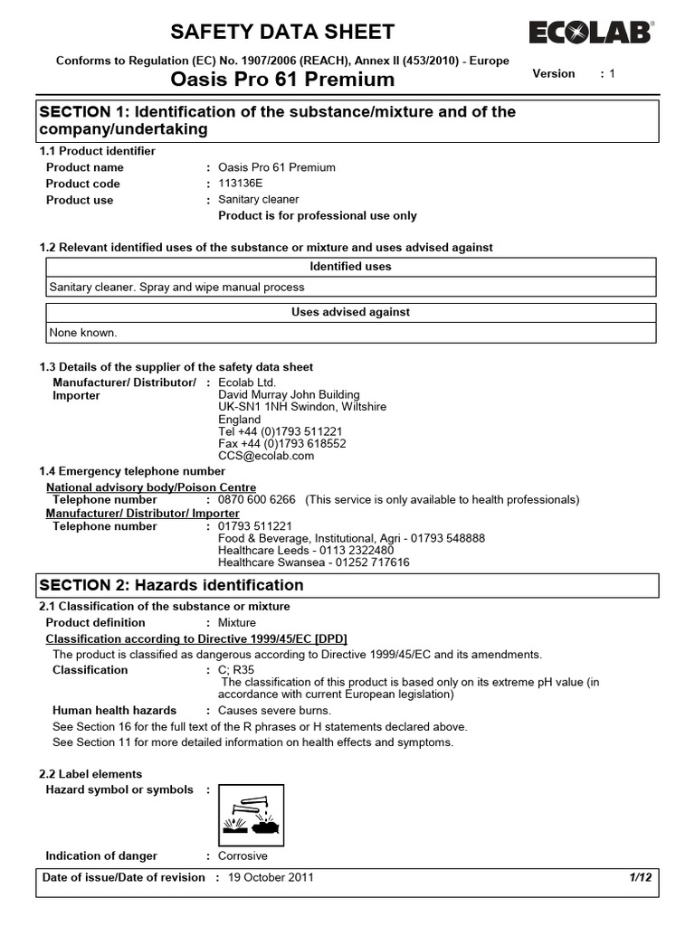 Oasis Pro 61 Premium - Fds - Ecolab - Inglês | PDF | First Aid ...