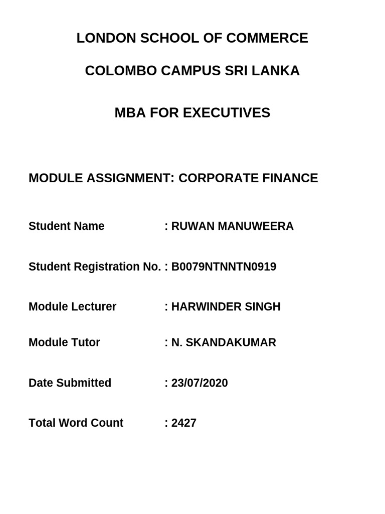 CF Assignment - Ruwan Manuweera - B0079NTNNTN0919 | PDF | Dividend | Equity (Finance)
