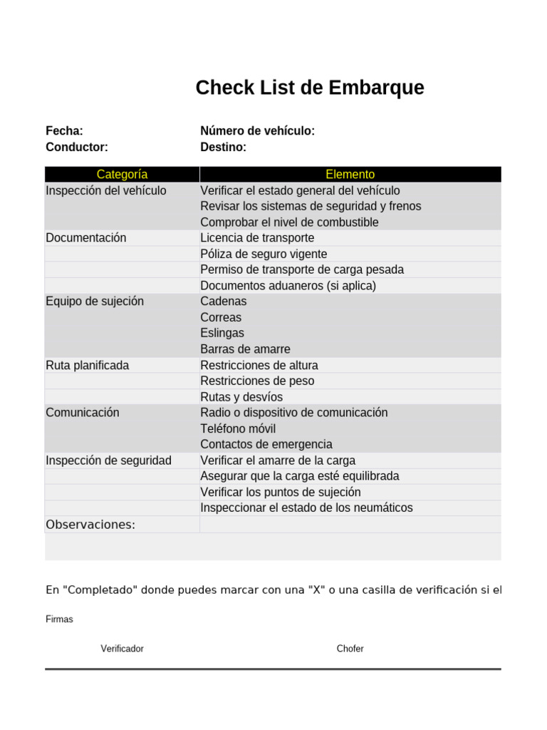 Check List de Embarque y Verificación | PDF