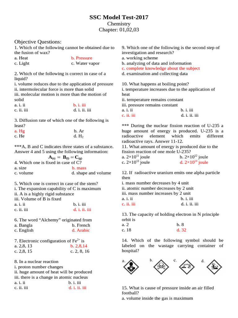 SSC Chemistry Model Test 2017 | PDF | Chemical Elements | Isotope