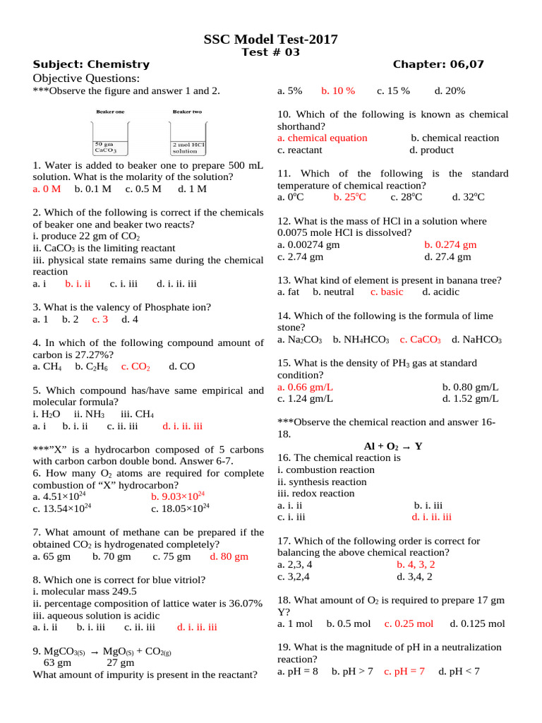 SSC Model Test - 03 Chemistry 06, 07 | PDF | Chemical Reactions | Chemistry