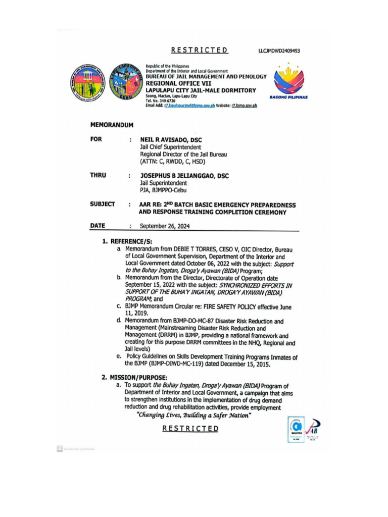 AAR RE 2ND BATCH EMERGENCY PREPAREDNESS TRAINING COMPLETION CEREMONY | PDF