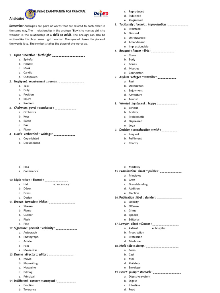 Principal Qualifying Exam: Analogies & Vocabulary | PDF | Thought ...