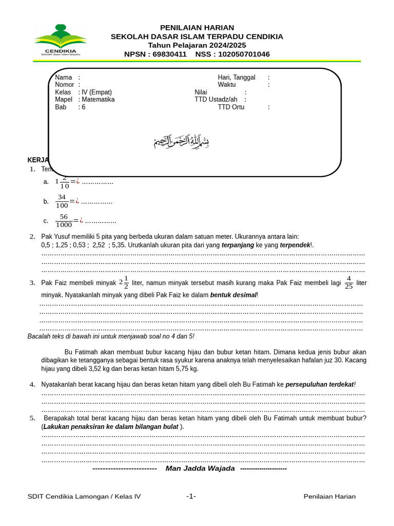 SOAL PH 1 ..... MTK KELAS 4__2024-2025_____(BAB 6) | PDF