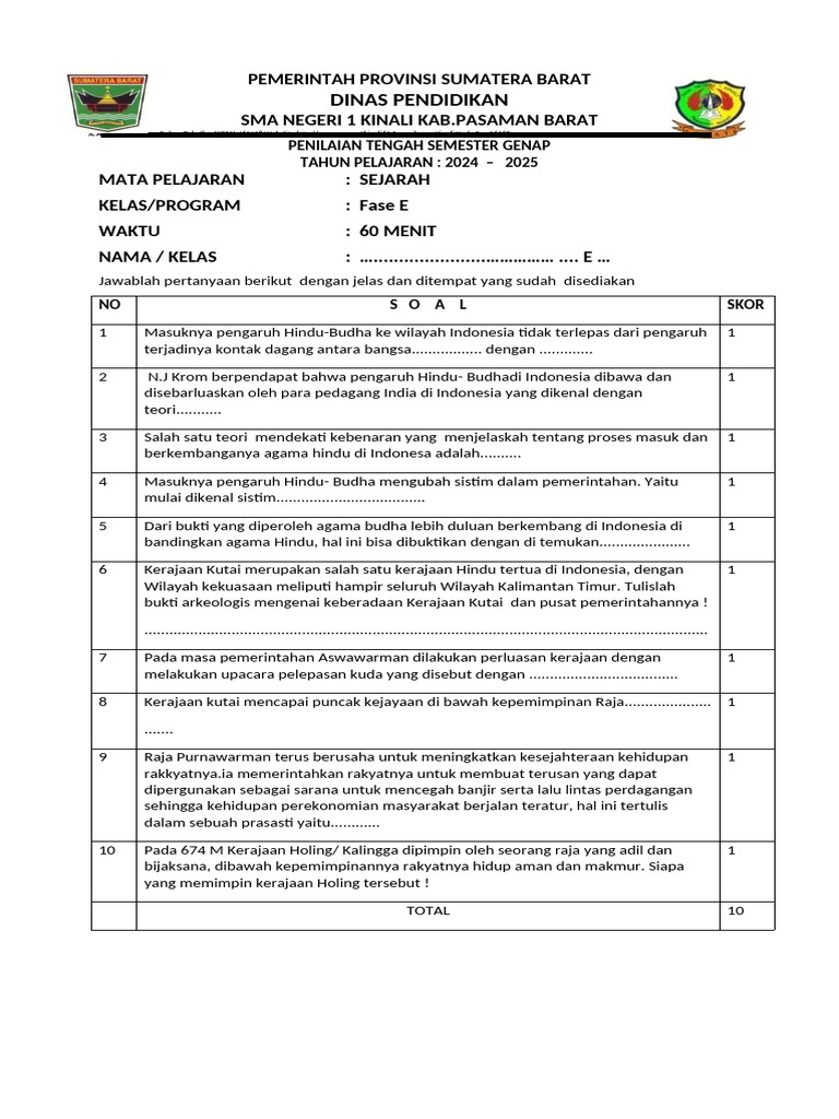 SOAL SEJARAH KLS Fase E UTS 2 2025 | PDF