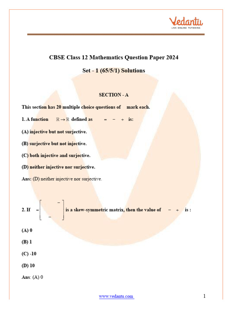Class 12 Maths Question Paper 2024 (Set-1 65 - 5 - 1) With Solutions ...