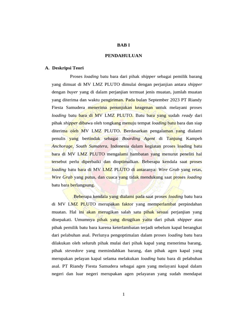 Bab 1&2 - Asgharul Ma - Optimalisasi Proses Loading Batu Bara Di MV LMZ Pluto Yang Diageni Oleh ...