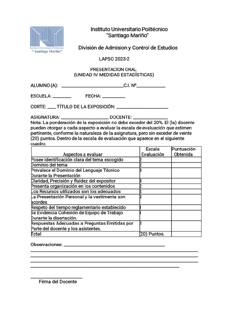 1 Estadistica I FORMATO DE EVALUACIÓN DE EXPOSICIONES ORALES | PDF