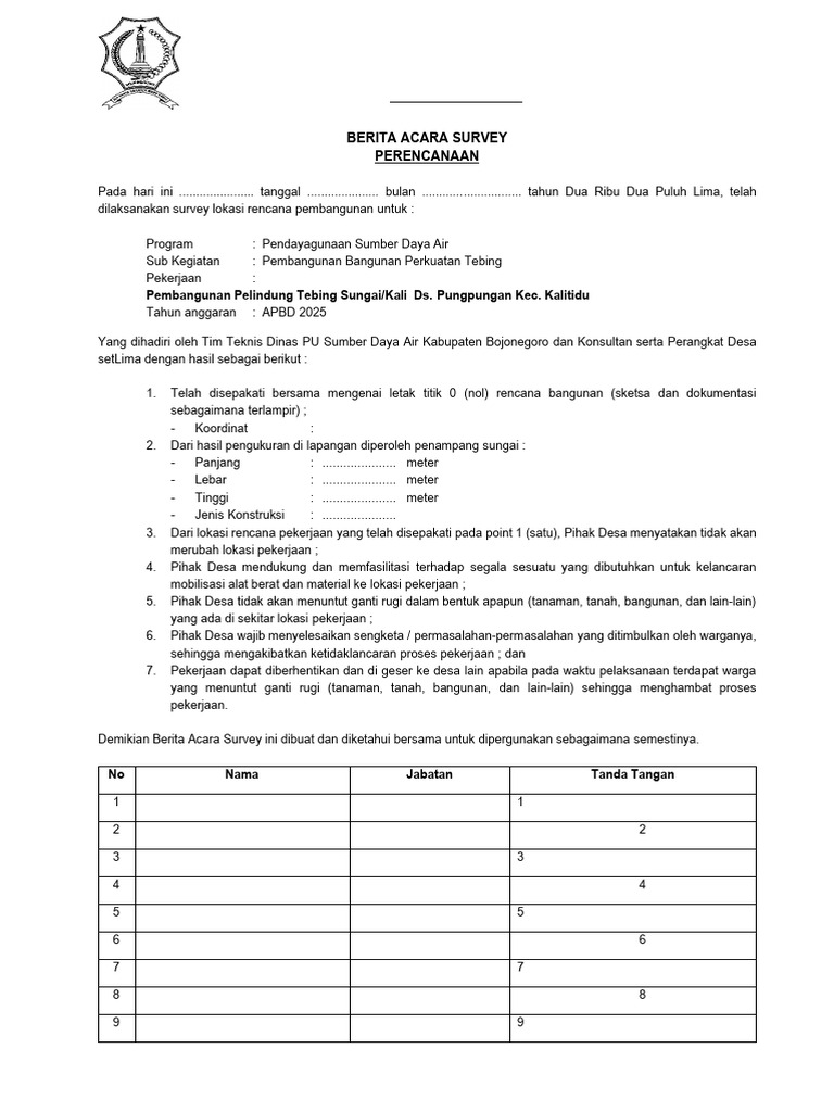 Ba Survey Perencanaan Apbd 2025 Pumpungan Kec. Kalitidu | PDF