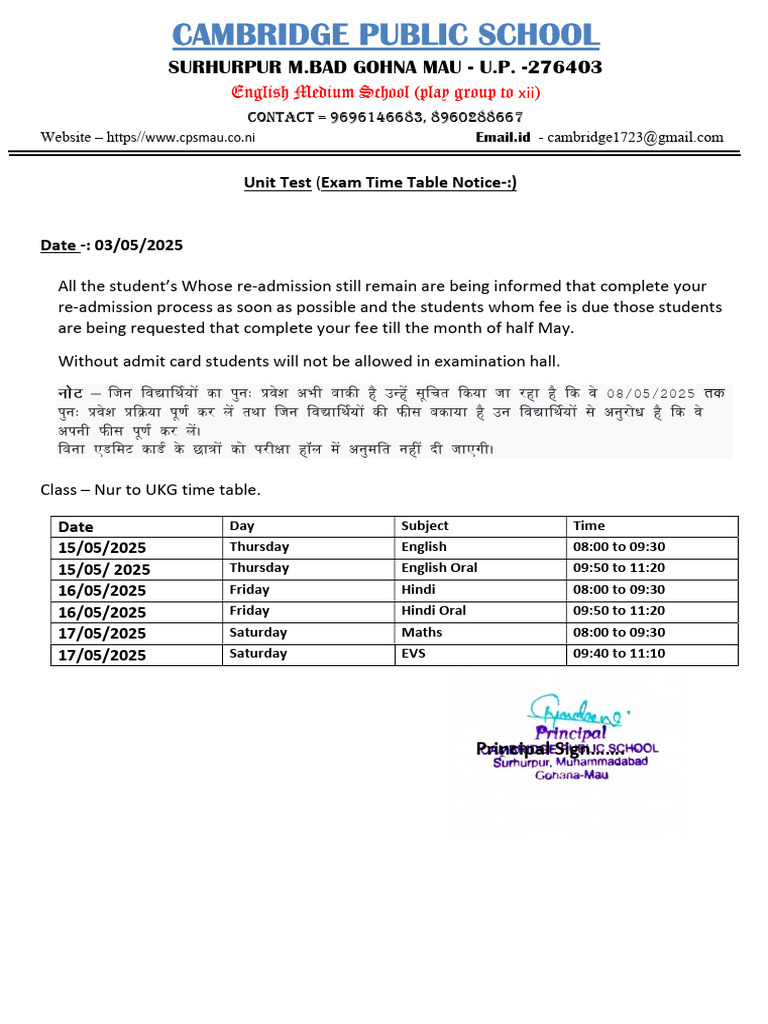 Time Table and Notice Class Nur To UKG | PDF