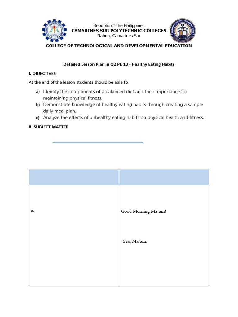 Healthy Eating Habits Lesson Plan | PDF | Food Energy | Diet (Nutrition)