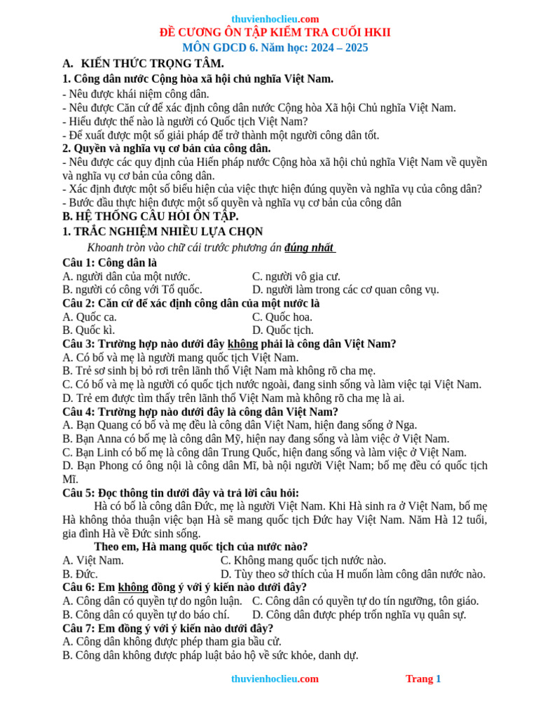 De Cuong On Tap Cuoi HK2 GDCD 6 Canh Dieu 24 25 | PDF