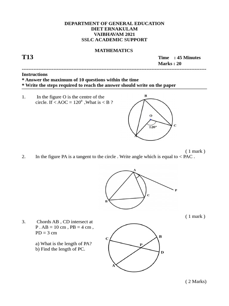 SSLC Class 10 Maths Unit Test Paper | PDF