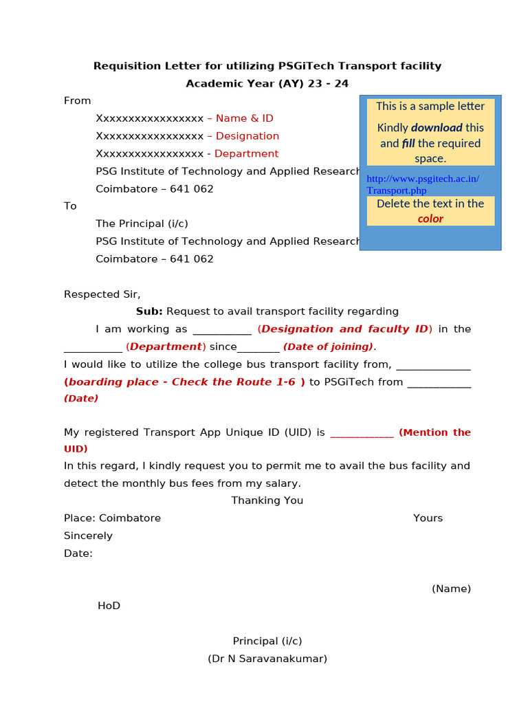 Transport Facility Request Letter Sample | PDF