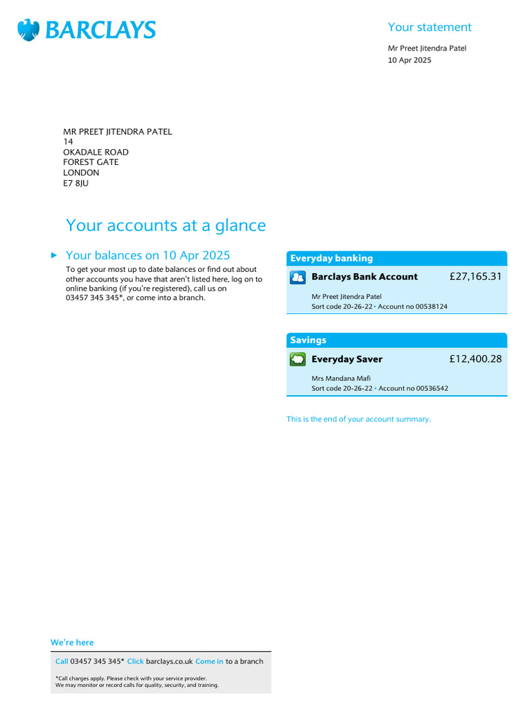 Barclays Bank Statement Summary | PDF