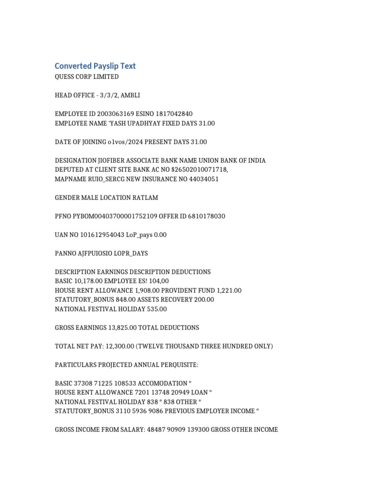 Detailed Payslip Summary for Yash Upadhyay | PDF