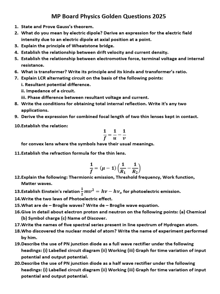 MP Board Physics Golden Questions 2025 | PDF | Rectifier | Waves