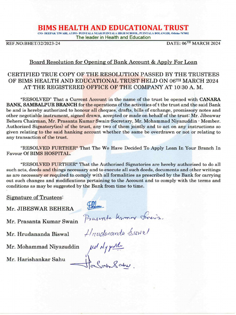 BOARD RESOLUTION FOR OPENING BANK ACCOUNT & APPLY FOR LOAN (1) | PDF