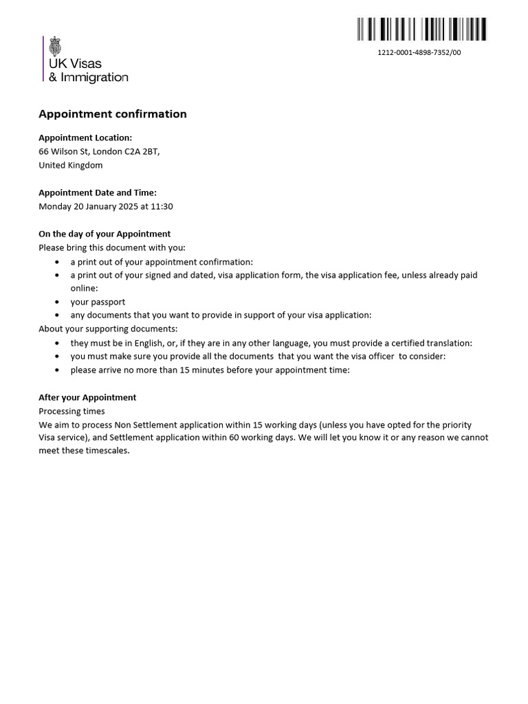 Visa Appointment Confirmation Details | PDF