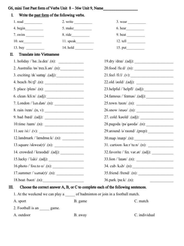 G6, Mini Test Past Form of Verbs Unit 8 - 36w Unit 9 | PDF | Semantic ...
