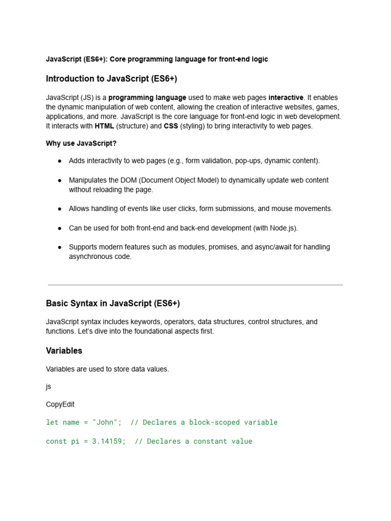 JavaScript (ES6+) - Core Programming Language For Front-End Logic | PDF | Java Script | Boolean ...