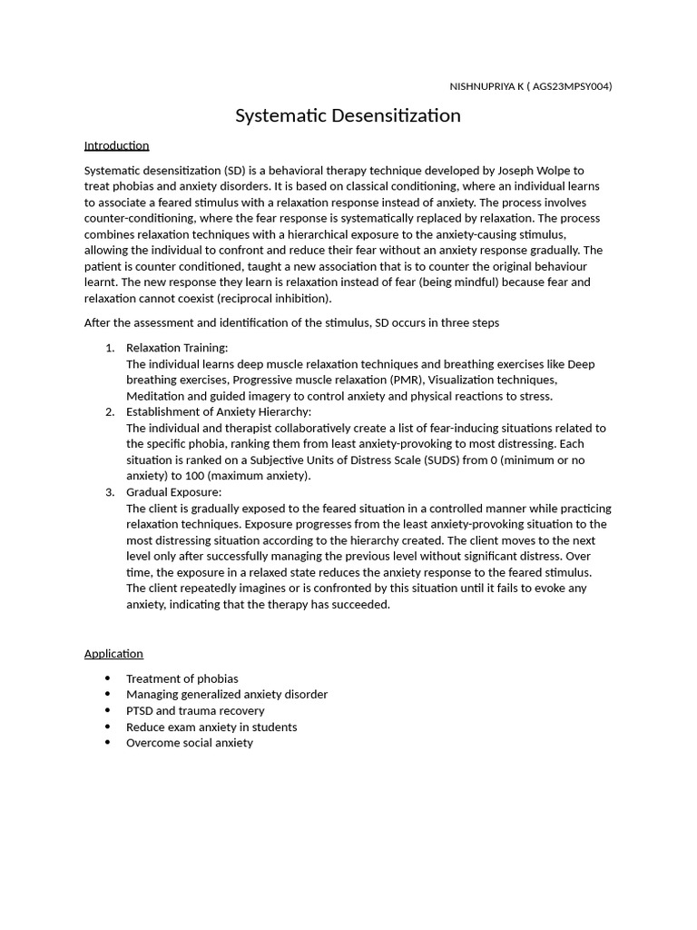 Systematic Desensitization, NISHNUPRIYA K | PDF | Psychological ...