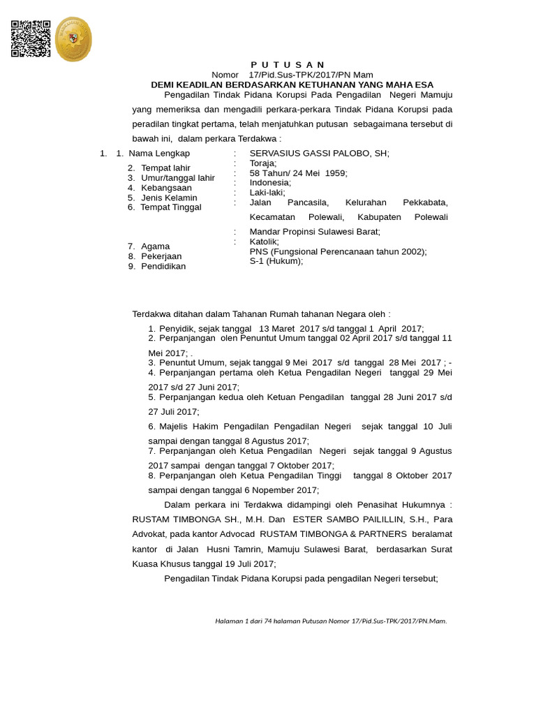 Putusan Korupsi Servasius Gassi Palobo | PDF