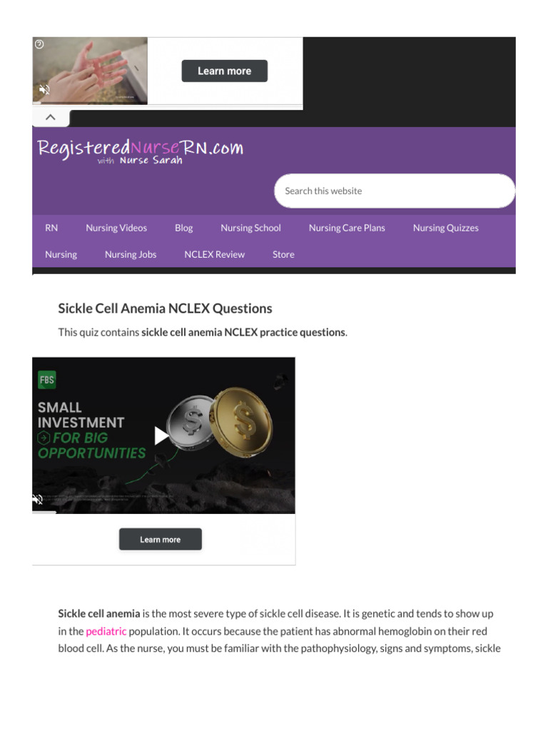 Sickle Cell Anemia NCLEX Questions | PDF | Dominance (Genetics) | Anemia