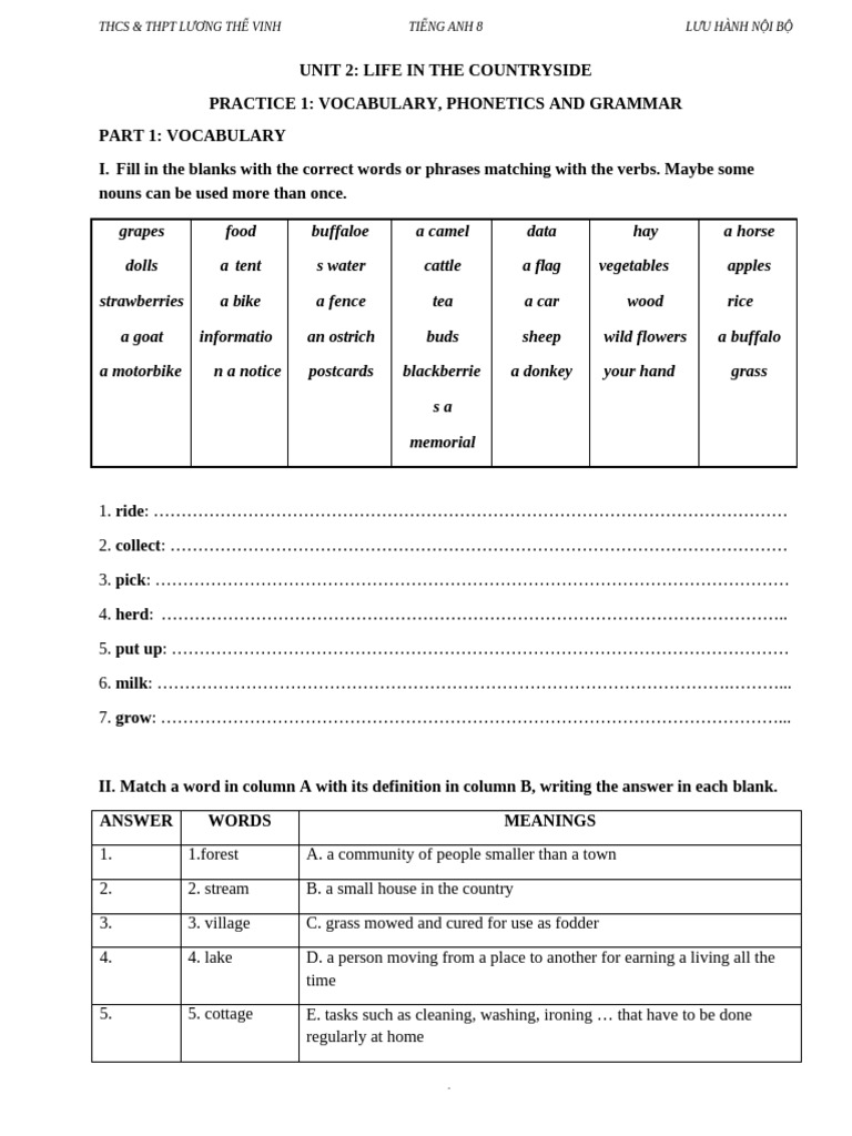 Unit 2 Practice 1 - Phonetics, Voc and Grammar | PDF | Cattle