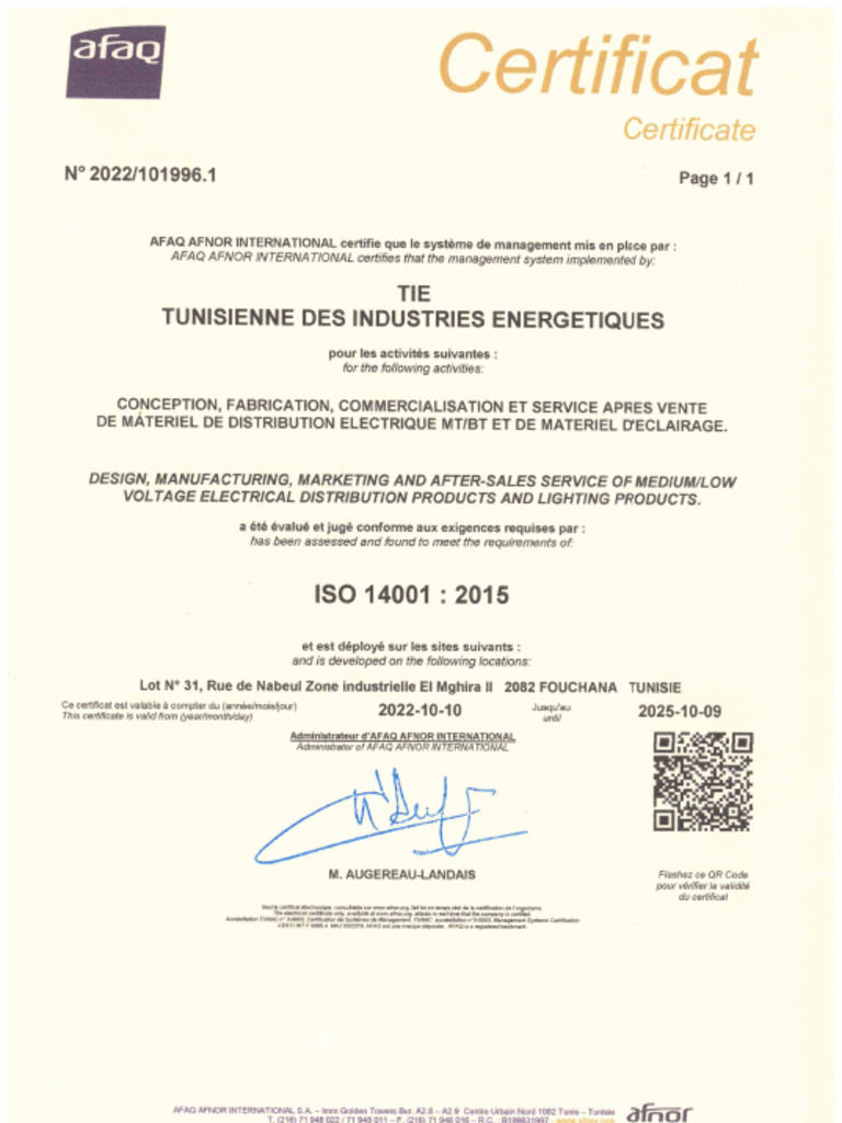 Certificat ISO 14001 - STE TIE | PDF