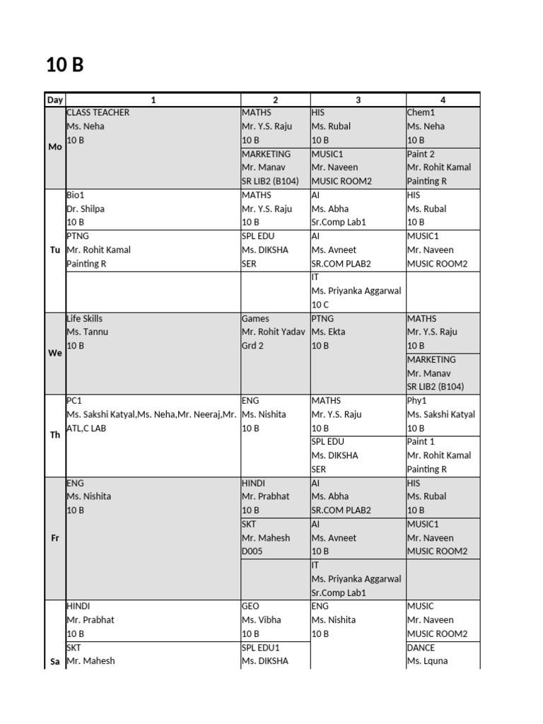 Time Table Class 10B | PDF