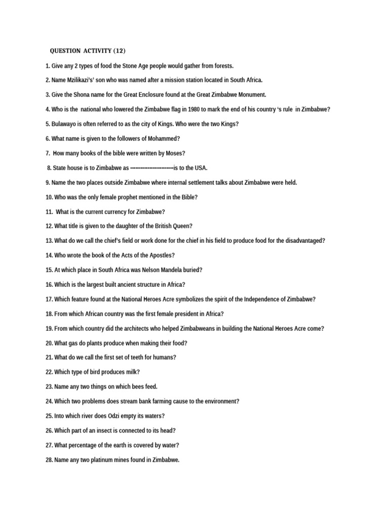 (Activity 12 ) Heritage Quiz For Primary School3 (2017) | PDF | Zimbabwe