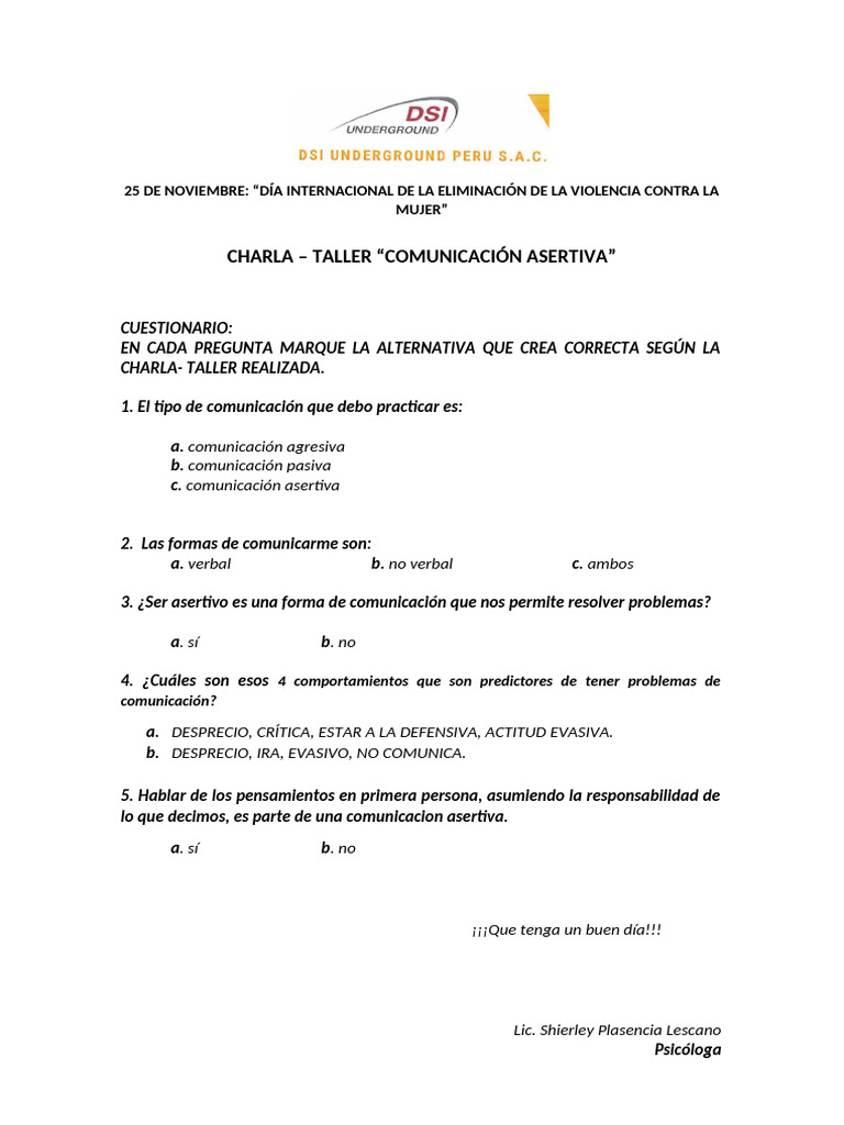 Preguntas Sobre Taller de Comunicacion Asertiva | PDF