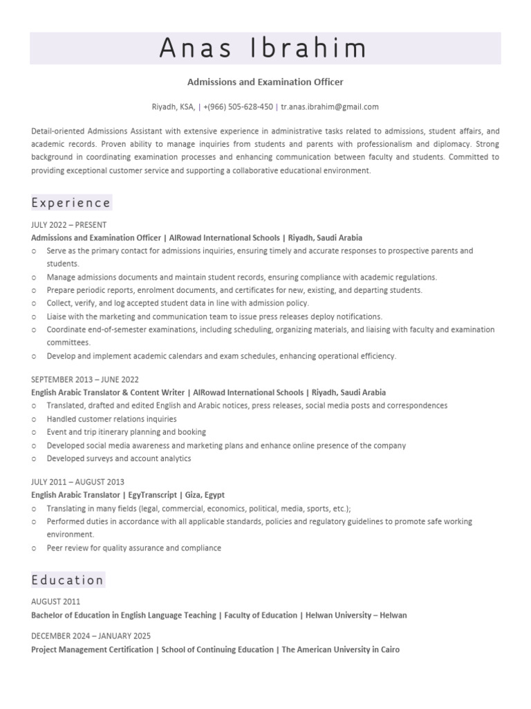 Anas Ibrahim - Admissions Officer | PDF | Saudi Arabia