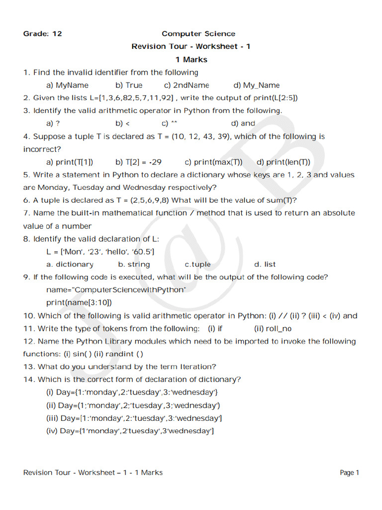 Revision Tour - WorkSheet 1 - 1 Marks | PDF