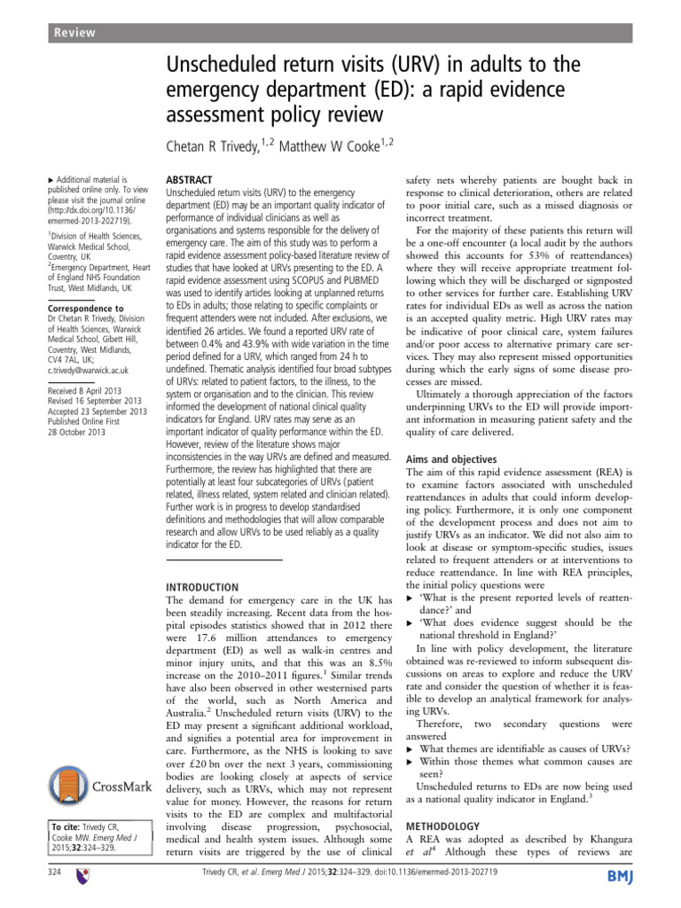 Unscheduled Return Visits (URV) in Adults To The | PDF | Systematic Review | Chronic Condition