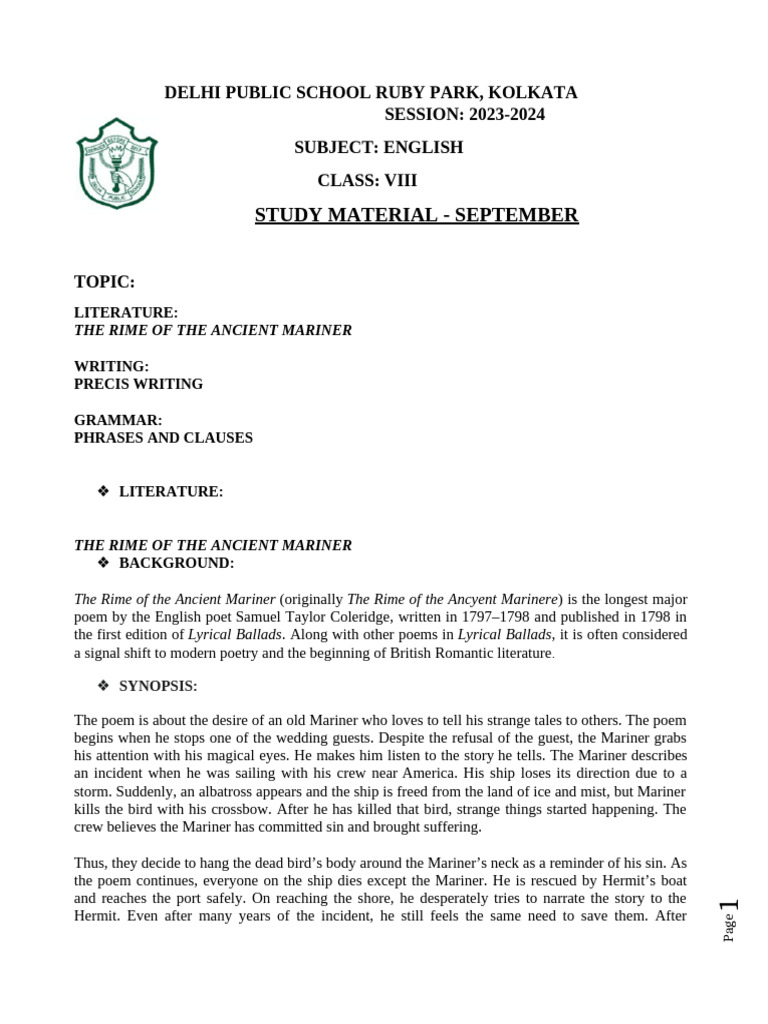 Detailed Study Material Class VIII - September | PDF | Clause | Coffee