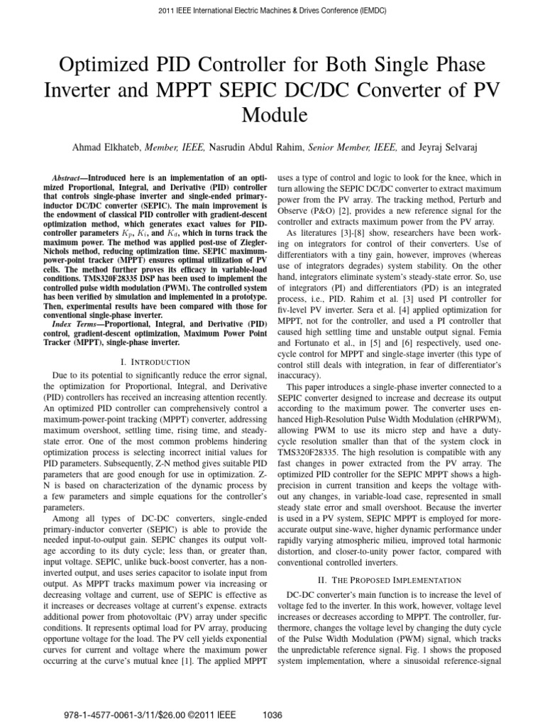 Optimized PID Controller For Both Single Phase Inverter and MPPT SEPIC DC DC Converter of PV ...