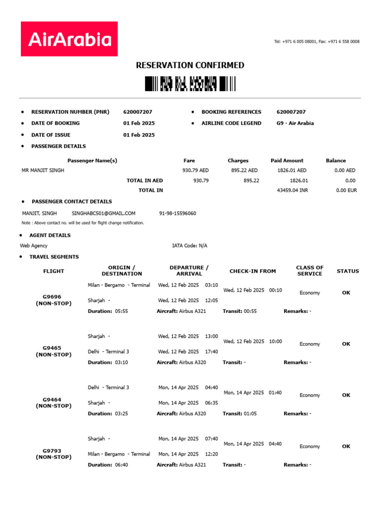 The Travel Itinerary MANJIT SINGH | PDF | Baggage | Airlines