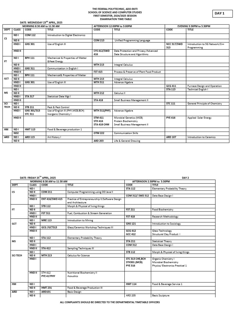 2025 SSCS First Semester Tentative Exam Timetable1 | PDF