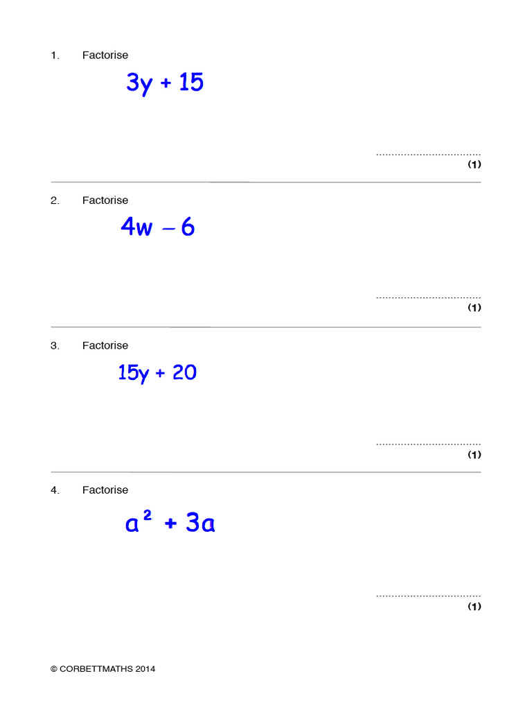 5.Factorisation Worksheet | PDF
