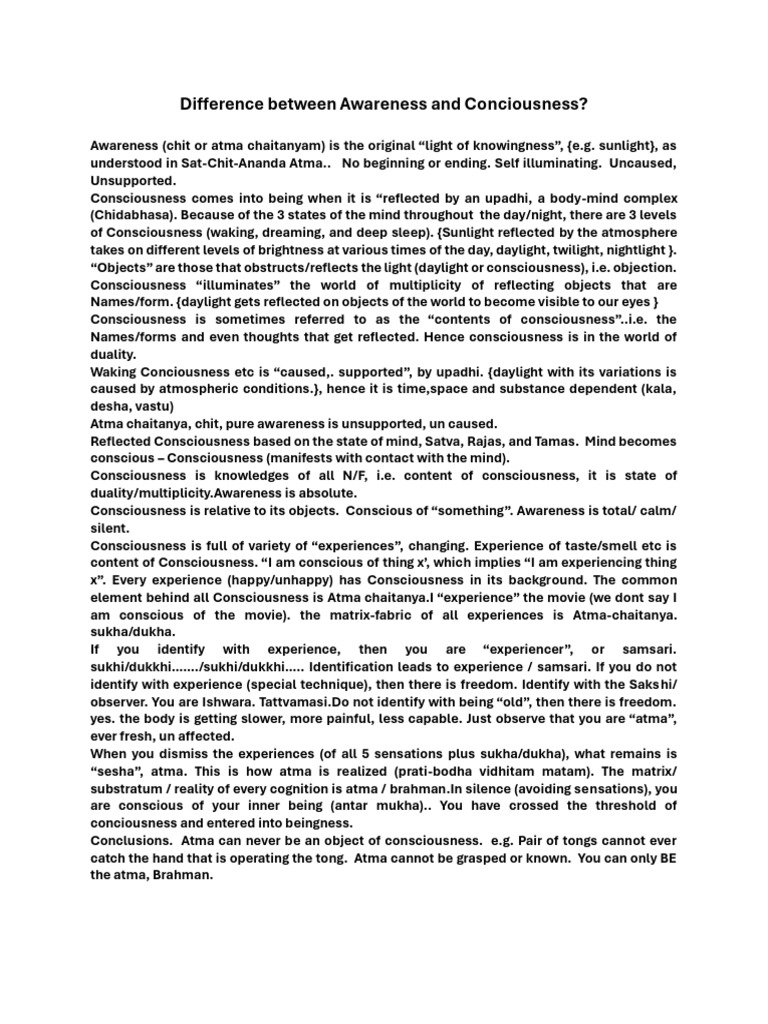 Difference Between Awareness and Conciousness | PDF | Consciousness ...