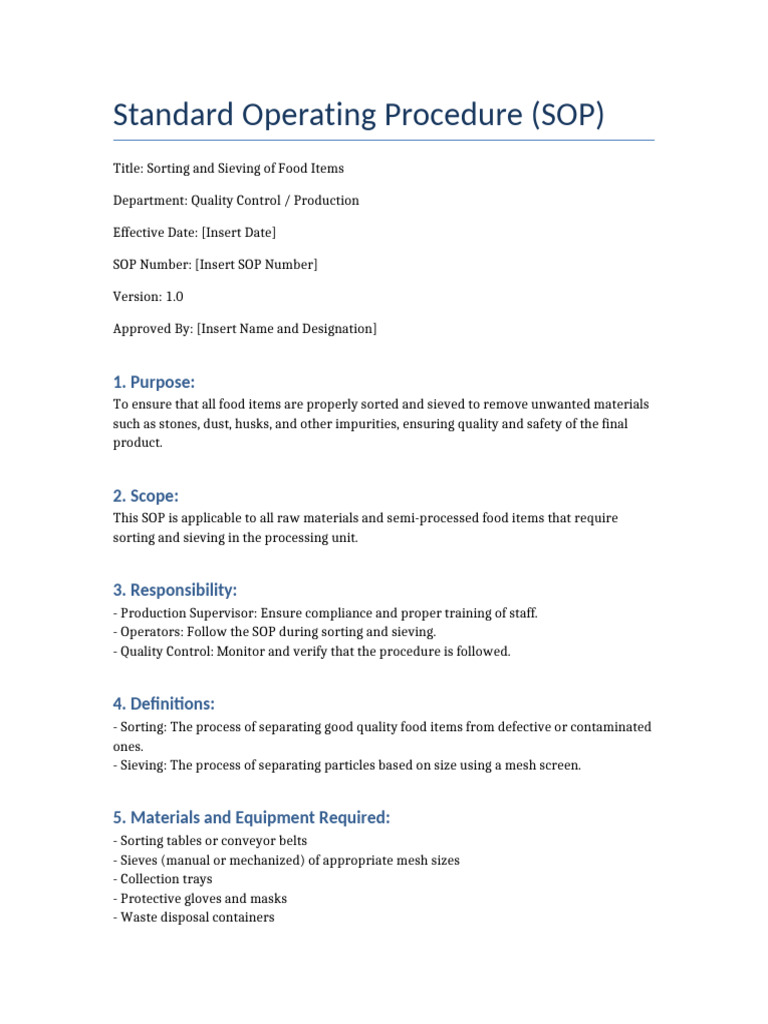 SOP Sorting and Sieving Food Items | PDF