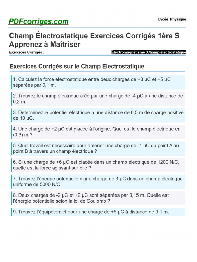 4269 Lycee Electromagnetisme Champ Electrostatique Exercices Corriges 1ere S A | PDF