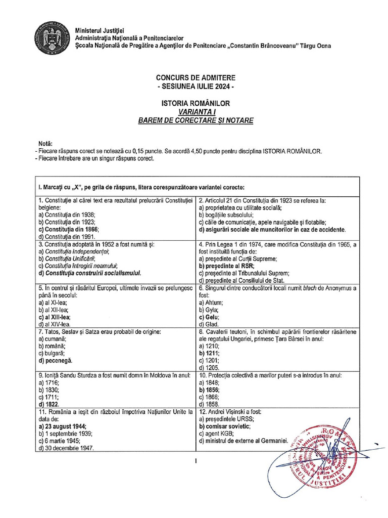 Barem V1 Istoria Romanilor | PDF