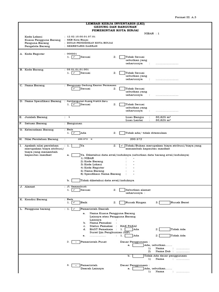 Lembar Kerja Inventariasi Gedung Dan Bangunan - SKB - Kota - Binjai - Ok | PDF