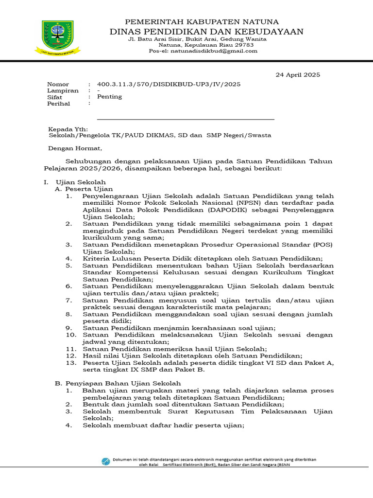 Surat Edaran Ujian Semester Genap 2025 - Signed | PDF