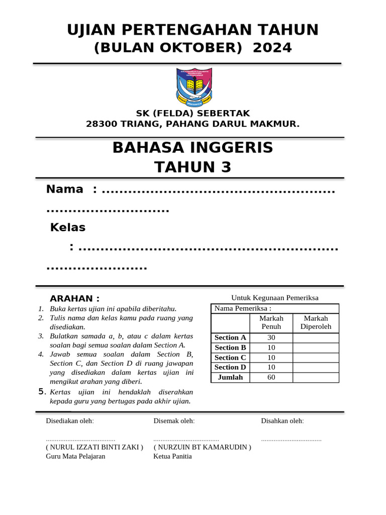 MUKA DEPAN UJIAN PERTENGAHAN TAHUN 2024 Y3 | PDF