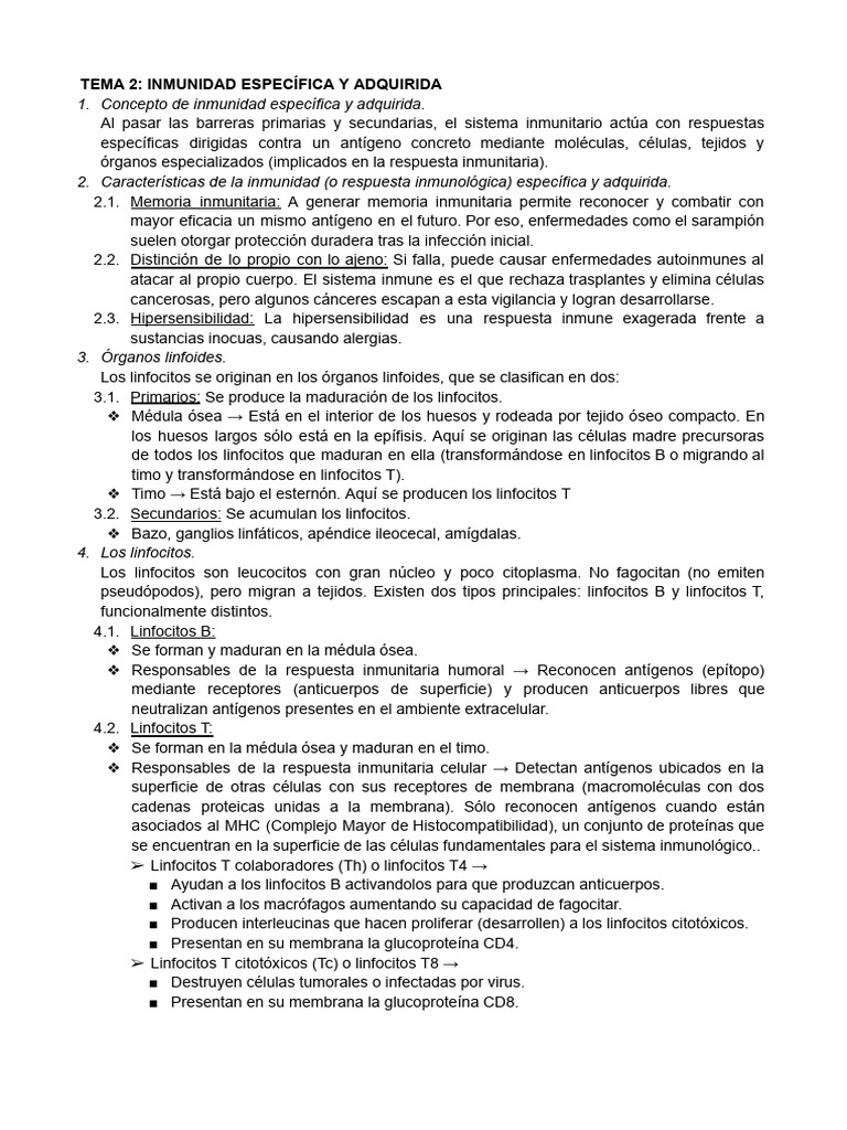 Tema 2 Inmunidad Específica y Adquirida | PDF | Linfocitos | Sistema inmune