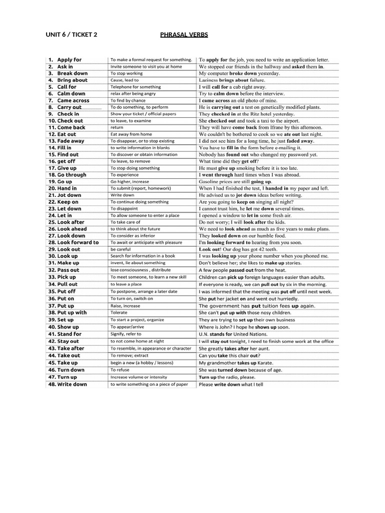 Phrasal Verbs Unit 6 | PDF